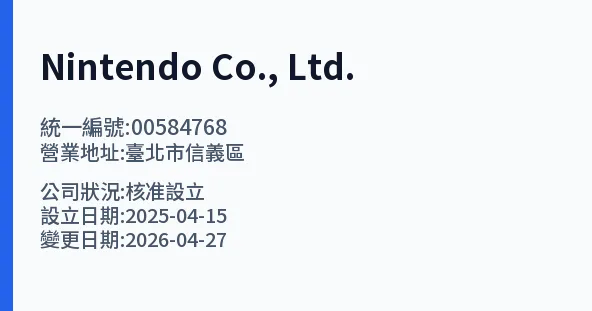Nintendo Co., Ltd.的照片-統編 00584768(臺北市) 公司登記資料與營業項目詳細圖表