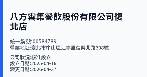 八方雲集餐飲股份有限公司復北店的照片-統編 00584789(臺北市) 公司登記資料與營業項目詳細圖表