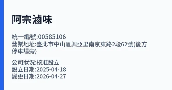 阿宗滷味的照片-統編 00585106(臺北市) 公司登記資料與營業項目詳細圖表