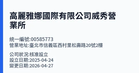 高麗雅娜國際有限公司威秀營業所的照片-統編 00585773(臺北市) 公司登記資料與營業項目詳細圖表