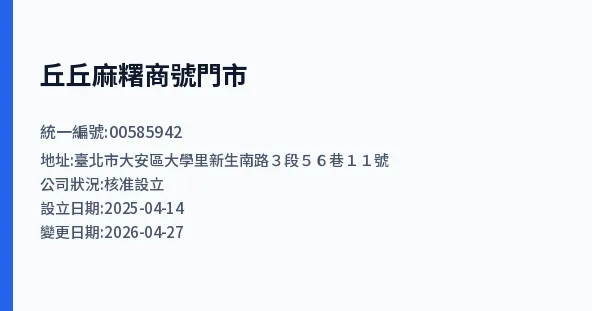 丘丘麻糬商號門市的照片-統編 00585942(臺北市) 公司登記資料與營業項目詳細圖表