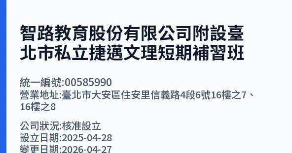 智路教育股份有限公司附設臺北市私立捷邁文理短期補習班的照片-統編 00585990(臺北市) 公司登記資料與營業項目詳細圖表