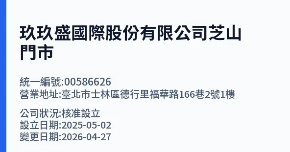 玖玖盛國際股份有限公司芝山門市的照片-統編 00586626(臺北市) 公司登記資料與營業項目詳細圖表