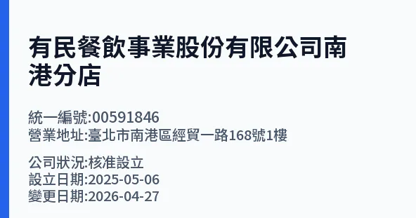 有民餐飲事業股份有限公司南港分店的照片-統編 00591846(臺北市) 公司登記資料與營業項目詳細圖表