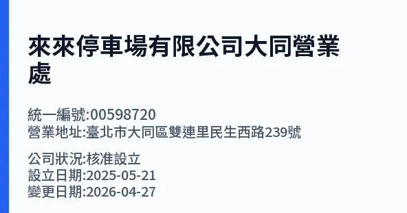 來來停車場有限公司大同營業處的照片-統編 00598720(臺北市) 公司登記資料與營業項目詳細圖表