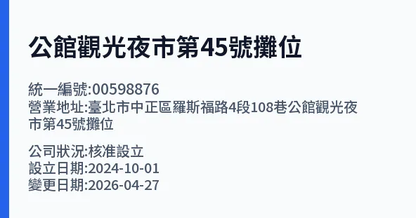 公館觀光夜市第45號攤位的照片-統編 00598876(臺北市) 公司登記資料與營業項目詳細圖表