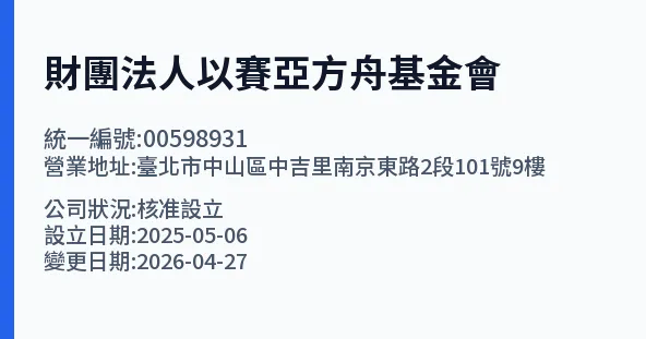 財團法人以賽亞方舟基金會的照片-統編 00598931(臺北市) 公司登記資料與營業項目詳細圖表