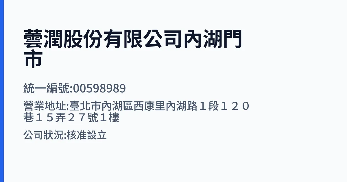 蕓潤股份有限公司內湖門市 - 統編 00598989(臺北市) 公司登記資料與營業項目詳細圖表