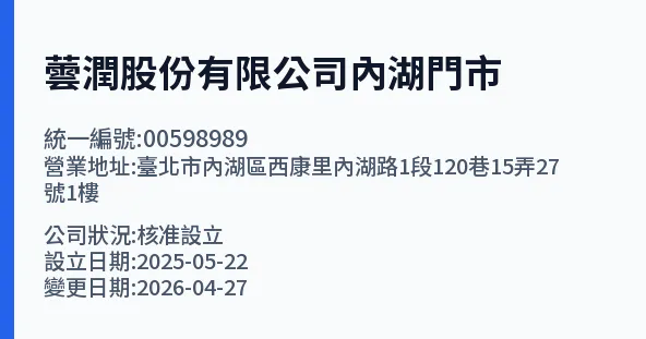 蕓潤股份有限公司內湖門市的照片-統編 00598989(臺北市) 公司登記資料與營業項目詳細圖表