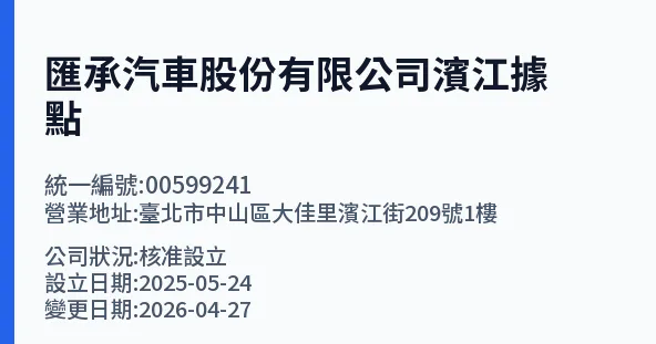 匯承汽車股份有限公司濱江據點的照片-統編 00599241(臺北市) 公司登記資料與營業項目詳細圖表