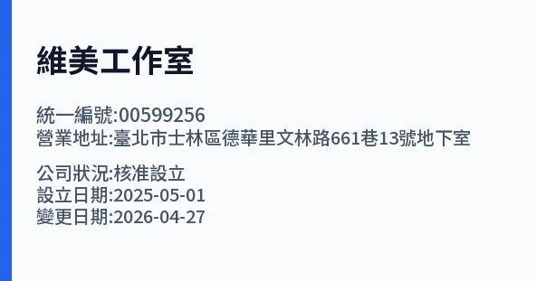 維美工作室的照片-統編 00599256(臺北市) 公司登記資料與營業項目詳細圖表