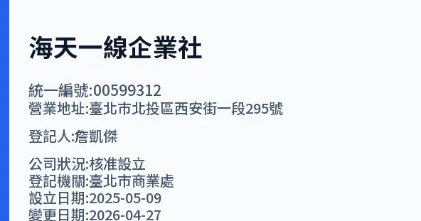 海天一線企業社的照片-統編 00599312(臺北市) 公司登記資料與營業項目詳細圖表