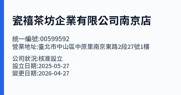 瓷禧茶坊企業有限公司南京店的照片-統編 00599592(臺北市) 公司登記資料與營業項目詳細圖表