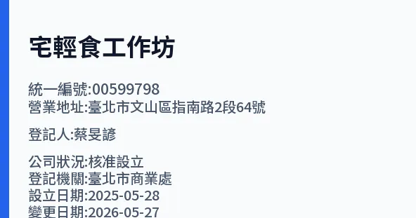 宅輕食工作坊的照片-統編 00599798(臺北市) 公司登記資料與營業項目詳細圖表
