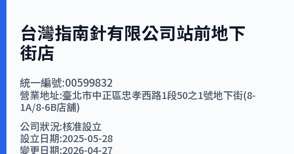 台灣指南針有限公司站前地下街店的照片-統編 00599832(臺北市) 公司登記資料與營業項目詳細圖表