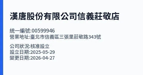 漢唐股份有限公司信義莊敬店的照片-統編 00599946(臺北市) 公司登記資料與營業項目詳細圖表