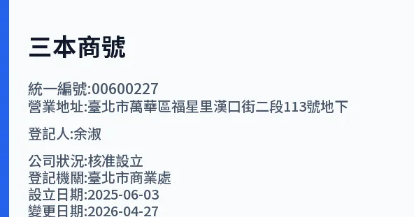 三本商號的照片-統編 00600227(臺北市) 公司登記資料與營業項目詳細圖表