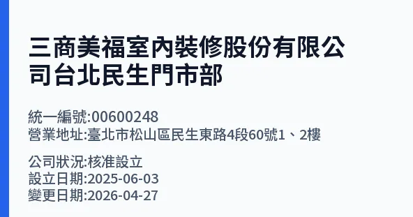 三商美福室內裝修股份有限公司台北民生門市部的照片-統編 00600248(臺北市) 公司登記資料與營業項目詳細圖表