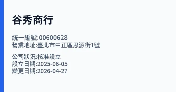 谷秀商行的照片-統編 00600628(臺北市) 公司登記資料與營業項目詳細圖表