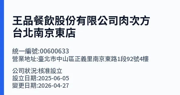 王品餐飲股份有限公司肉次方台北南京東店的照片-統編 00600633(臺北市) 公司登記資料與營業項目詳細圖表