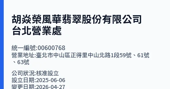 胡焱榮風華翡翠股份有限公司台北營業處的照片-統編 00600768(臺北市) 公司登記資料與營業項目詳細圖表
