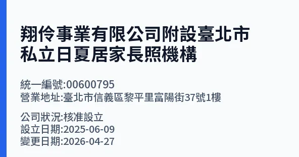 翔伶事業有限公司附設臺北市私立日夏居家長照機構的照片-統編 00600795(臺北市) 公司登記資料與營業項目詳細圖表