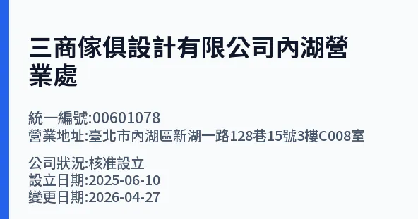 三商傢俱設計有限公司內湖營業處的照片-統編 00601078(臺北市) 公司登記資料與營業項目詳細圖表