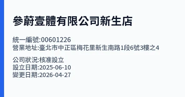 參蔚壹體有限公司新生店的照片-統編 00601226(臺北市) 公司登記資料與營業項目詳細圖表
