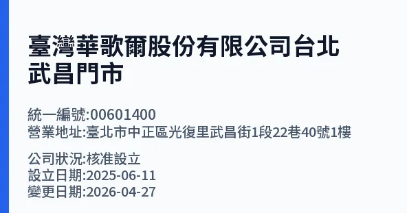 臺灣華歌爾股份有限公司台北武昌門市的照片-統編 00601400(臺北市) 公司登記資料與營業項目詳細圖表