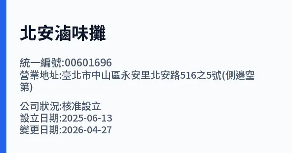 北安滷味攤的照片-統編 00601696(臺北市) 公司登記資料與營業項目詳細圖表