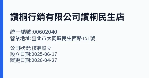 讚桐行銷有限公司讚桐民生店的照片-統編 00602040(臺北市) 公司登記資料與營業項目詳細圖表
