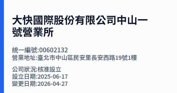 大快國際股份有限公司中山一號營業所的照片-統編 00602132(臺北市) 公司登記資料與營業項目詳細圖表