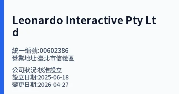 Leonardo Interactive Pty Ltd的照片-統編 00602386(臺北市) 公司登記資料與營業項目詳細圖表