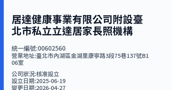 居達健康事業有限公司附設臺北市私立立達居家長照機構的照片-統編 00602560(臺北市) 公司登記資料與營業項目詳細圖表