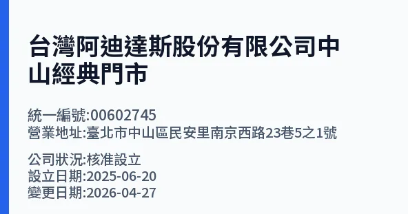 台灣阿迪達斯股份有限公司中山經典門市的照片-統編 00602745(臺北市) 公司登記資料與營業項目詳細圖表