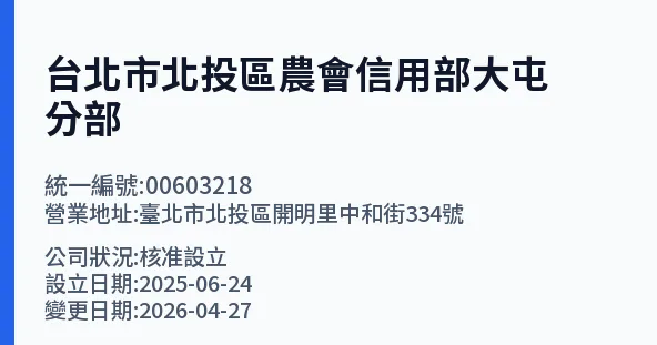 台北市北投區農會信用部大屯分部的照片-統編 00603218(臺北市) 公司登記資料與營業項目詳細圖表