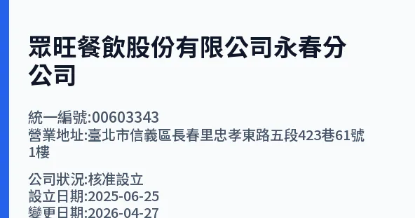 眾旺餐飲股份有限公司永春分公司的照片-統編 00603343(臺北市) 公司登記資料與營業項目詳細圖表