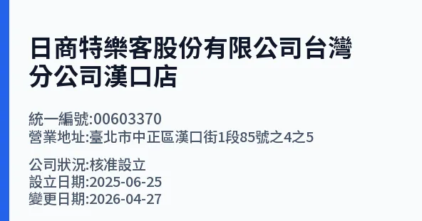 日商特樂客股份有限公司台灣分公司漢口店的照片-統編 00603370(臺北市) 公司登記資料與營業項目詳細圖表