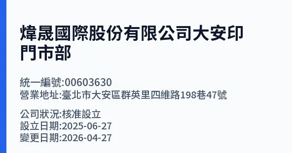 煒晟國際股份有限公司大安印門市部的照片-統編 00603630(臺北市) 公司登記資料與營業項目詳細圖表