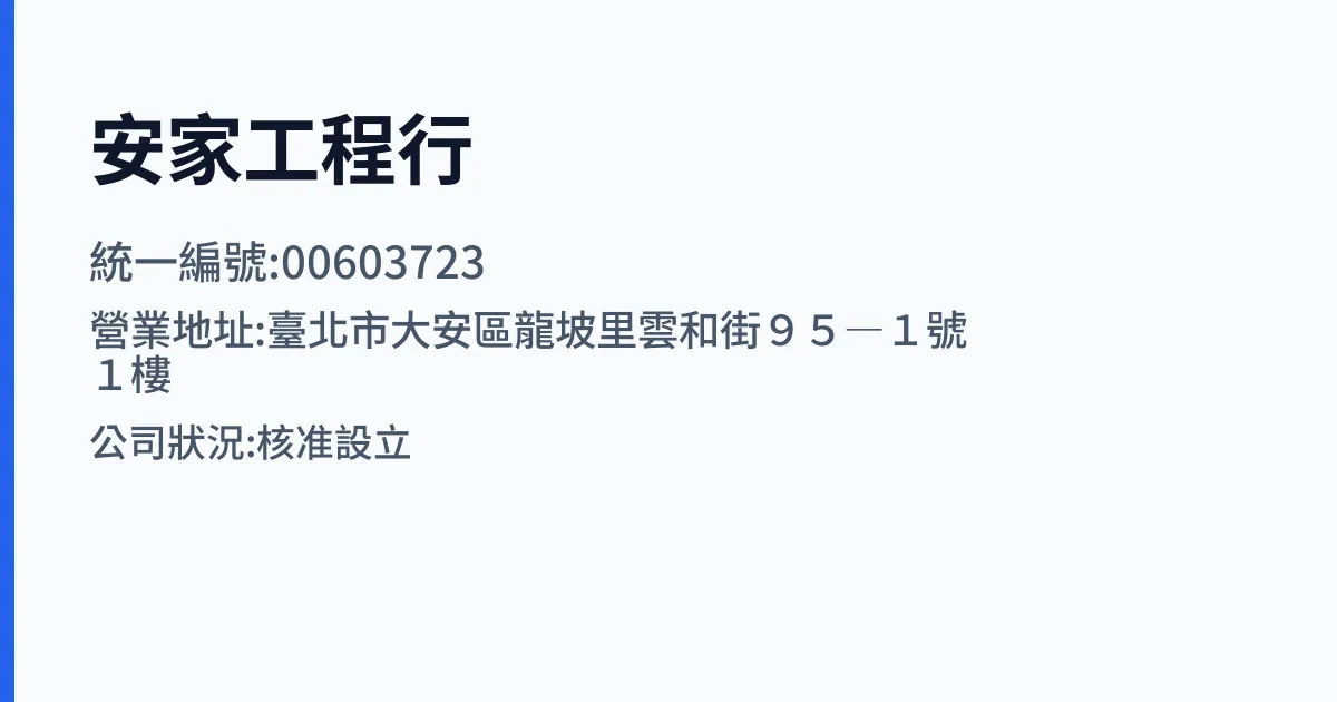 安家工程行 - 統編 00603723(臺北市) 公司登記資料與營業項目詳細圖表