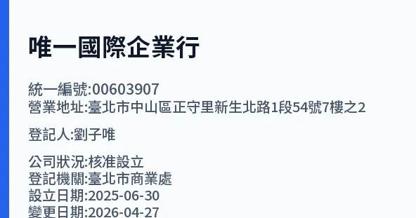 唯一國際企業行的照片-統編 00603907(臺北市) 公司登記資料與營業項目詳細圖表