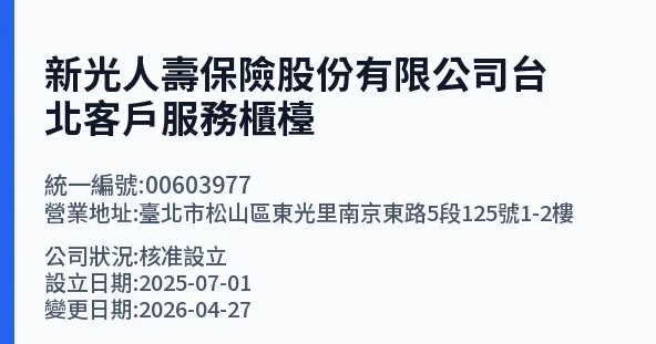 新光人壽保險股份有限公司台北客戶服務櫃檯的照片-統編 00603977(臺北市) 公司登記資料與營業項目詳細圖表