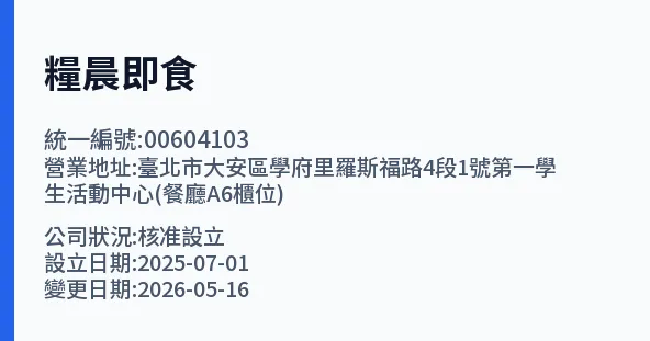 糧晨即食的照片-統編 00604103(臺北市) 公司登記資料與營業項目詳細圖表
