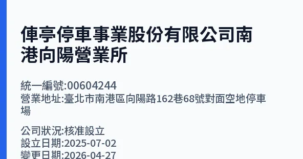 俥亭停車事業股份有限公司南港向陽營業所的照片-統編 00604244(臺北市) 公司登記資料與營業項目詳細圖表