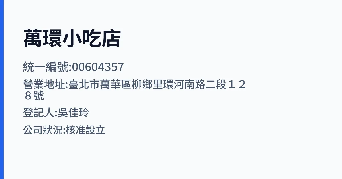 萬環小吃店 - 統編 00604357(臺北市) 公司登記資料與營業項目詳細圖表