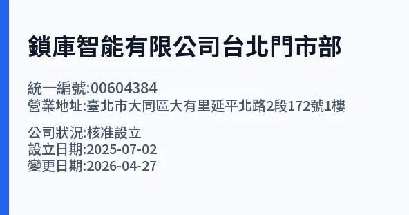 鎖庫智能有限公司台北門市部的照片-統編 00604384(臺北市) 公司登記資料與營業項目詳細圖表