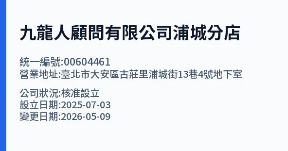九龍人顧問有限公司浦城分店的照片-統編 00604461(臺北市) 公司登記資料與營業項目詳細圖表