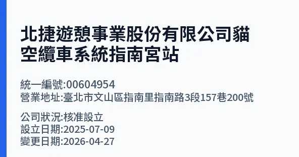 北捷遊憩事業股份有限公司貓空纜車系統指南宮站的照片-統編 00604954(臺北市) 公司登記資料與營業項目詳細圖表