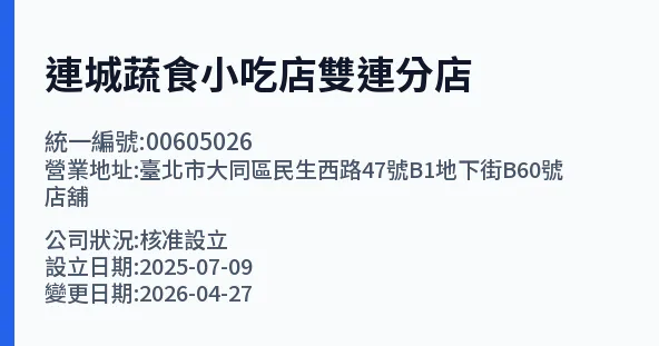 連城蔬食小吃店雙連分店的照片-統編 00605026(臺北市) 公司登記資料與營業項目詳細圖表