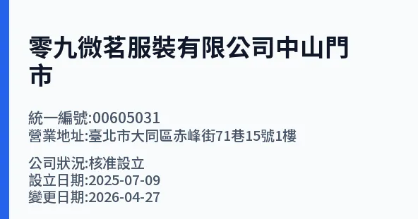 零九微茗服裝有限公司中山門市的照片-統編 00605031(臺北市) 公司登記資料與營業項目詳細圖表